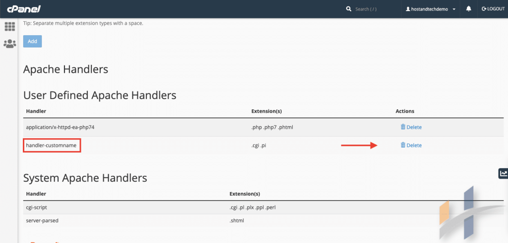 Create Custom Apache Handler In Cpanel And Deleting The Apache Handler