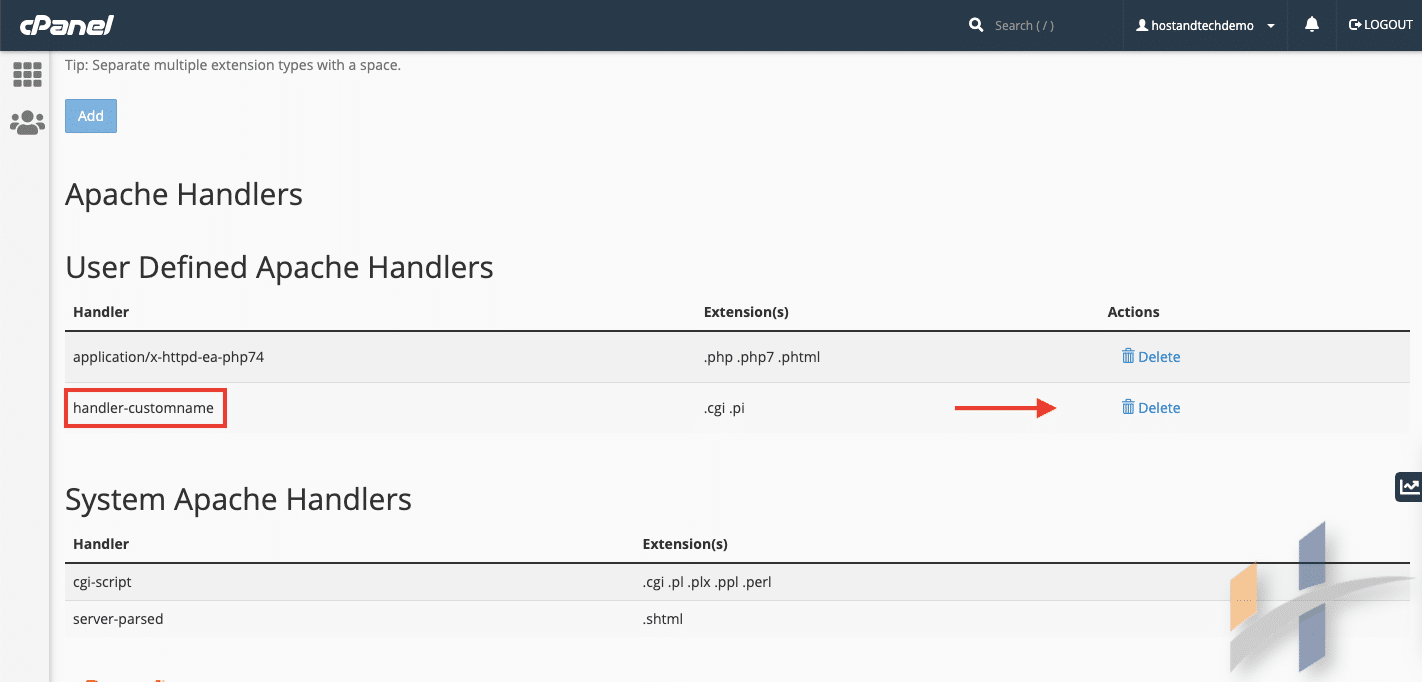 Create Custom Apache Handler in cPanel And deleting the Apache handler