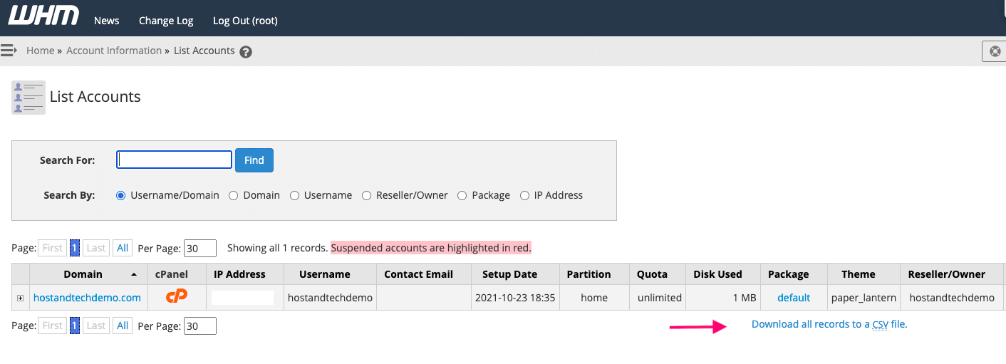 Fetch CSV Operation And Steps To Export CPanel Account List Into CSV File